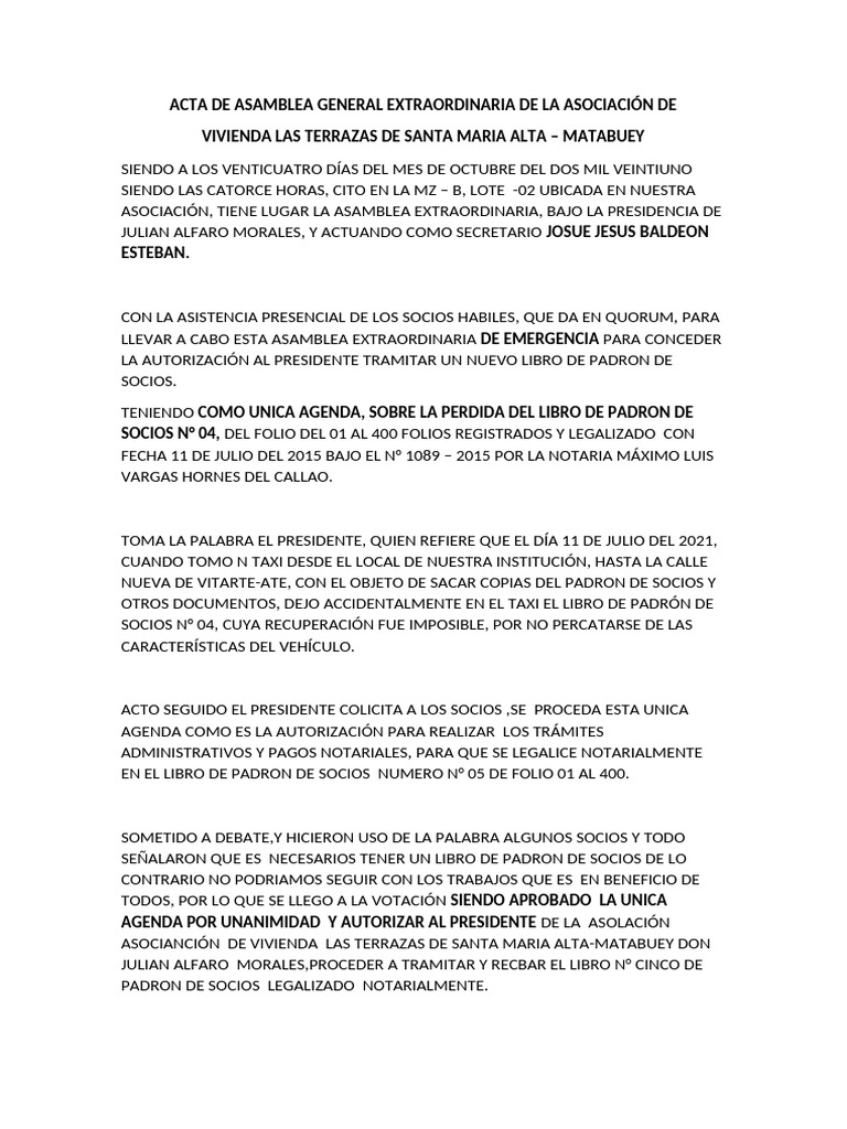 Acta de Asamblea General Extraordinaria de La Asociación Deaa | PDF