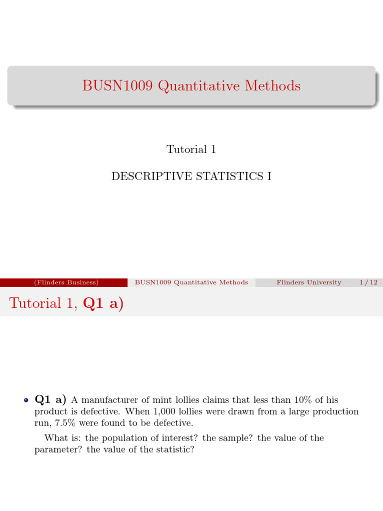 Flinders University - Quantitative Methods - Tutorial 1 Solutions 2023 ...