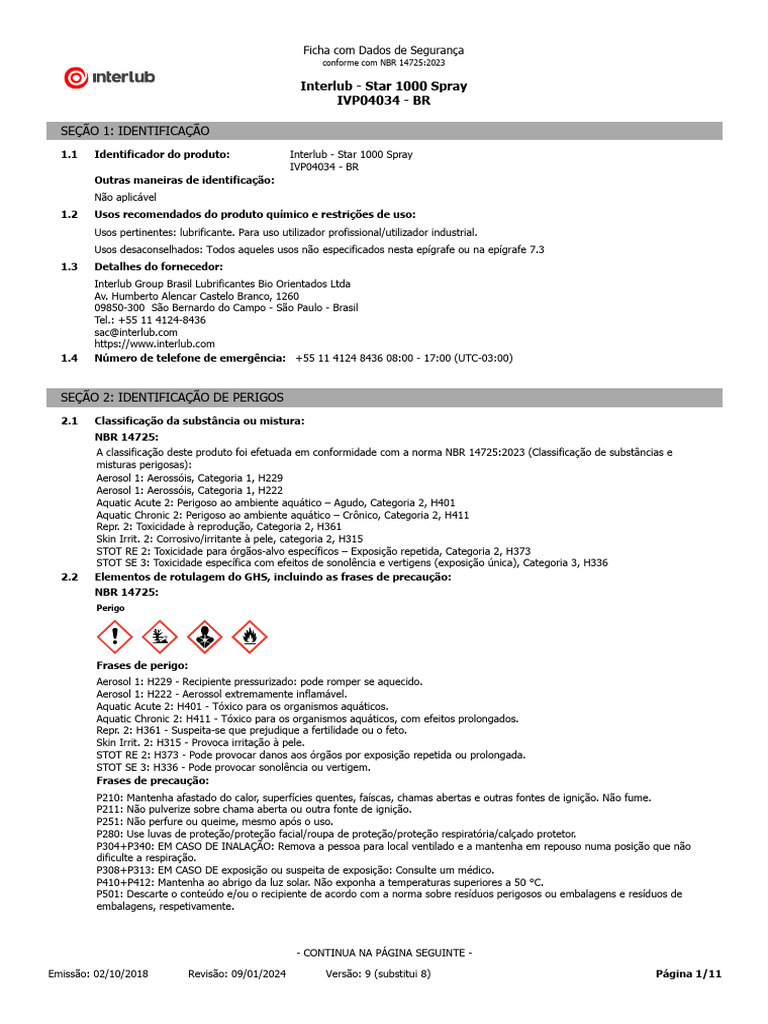 FDS de Interlub - Star 1000 Spray - Ni 27206481 | PDF