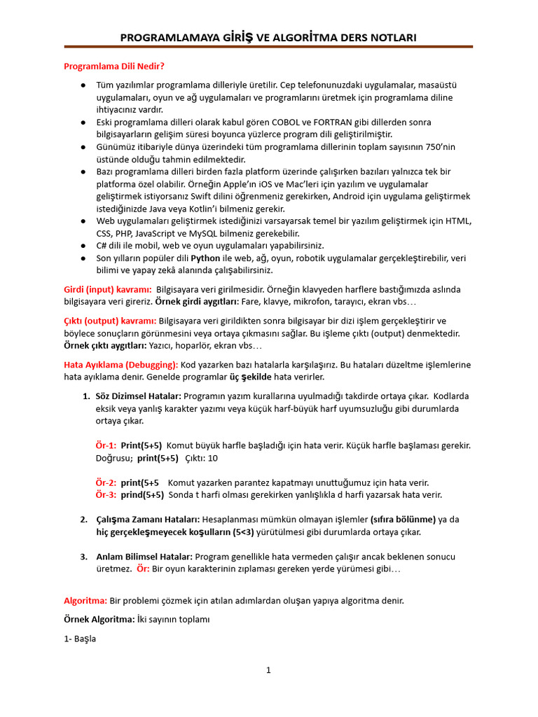 Programlamaya Gi̇ri̇ş Ve Algori̇tma | PDF