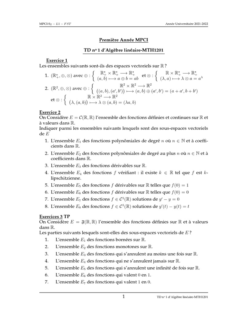 TD N01-MTH1201-Algèbre Linéaire | PDF