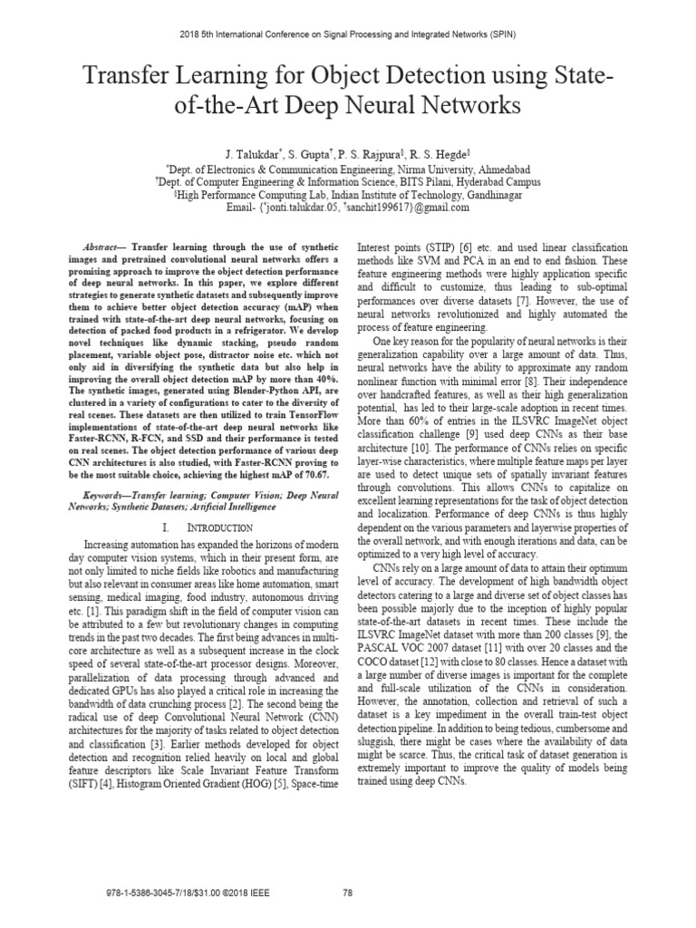Transfer Learning For Object Detection Using State-Of-The-Art Deep Neural Networks | PDF