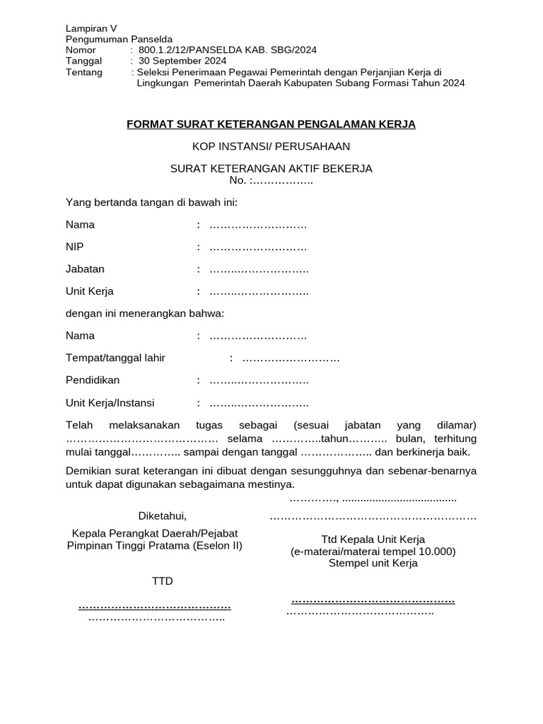 Lampiran V Format Surat Keterangan Aktif Bekerja | PDF