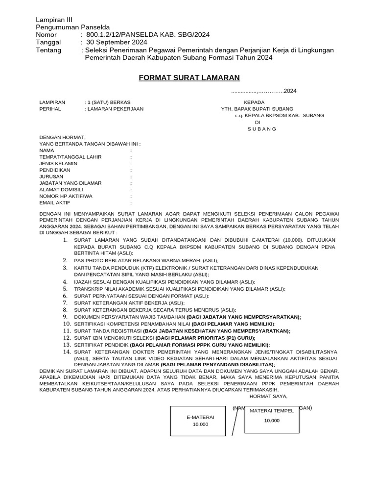 Lampiran III Format Surat Lamaran | PDF