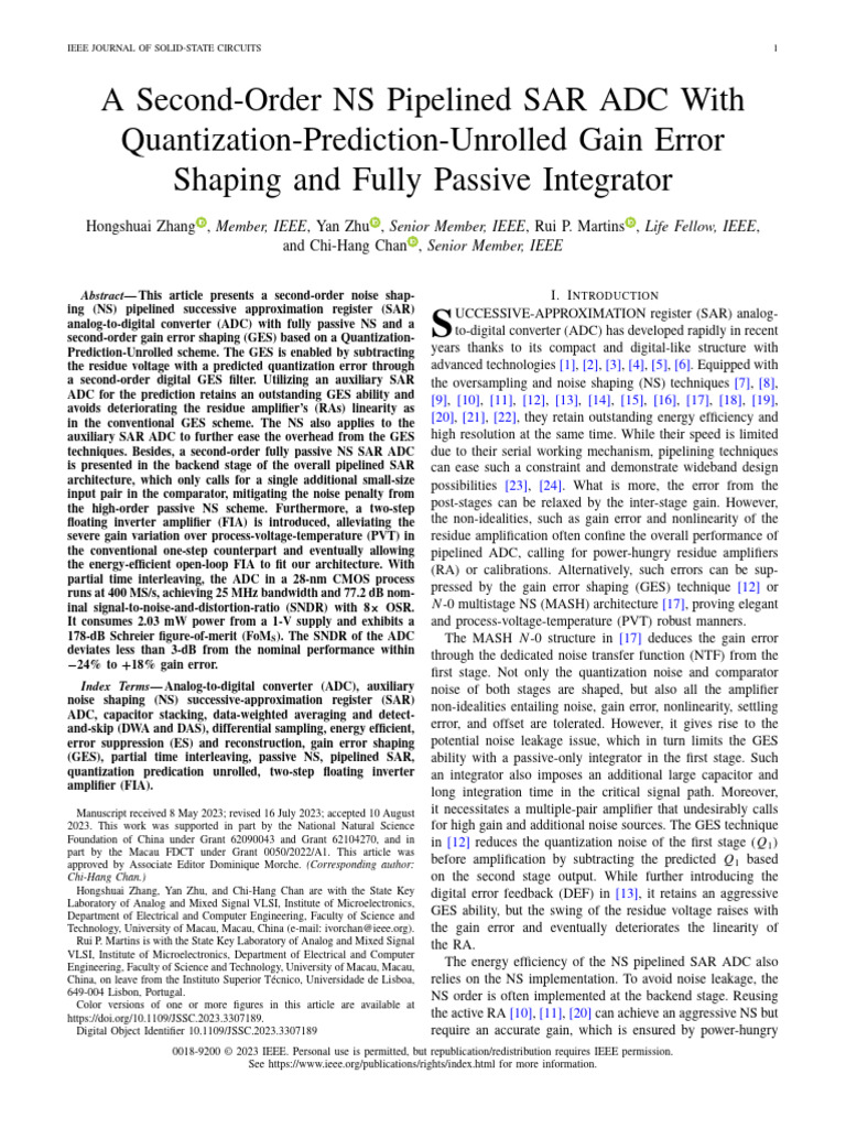 A Second-Order NS Pipelined SAR ADC With Quantization-Prediction ...