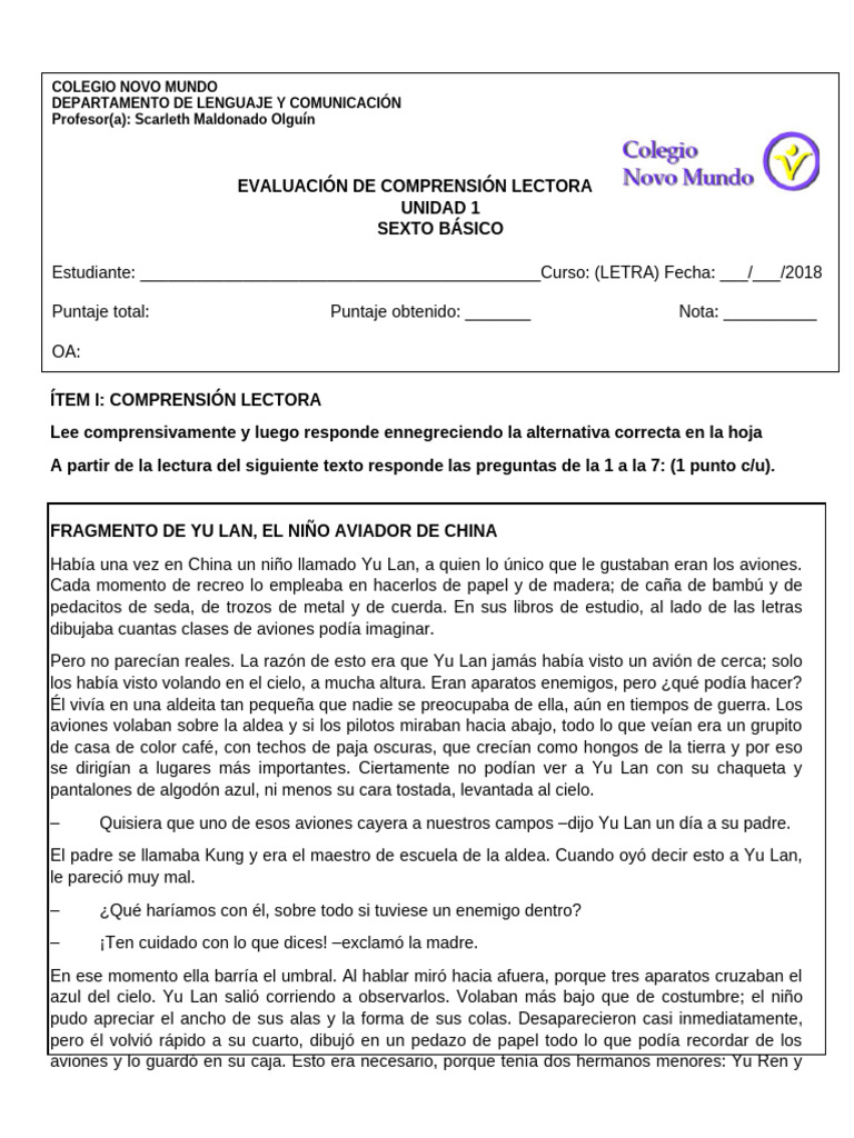 Evaluación Comprensión Lectora 6º Básico | PDF | Lluvia | Agua