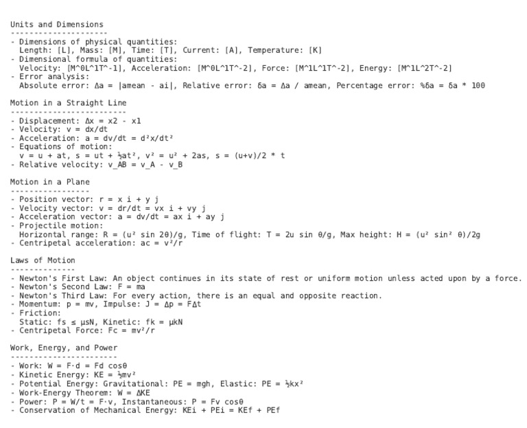 Physics Formula Sheet for Class 11 | PDF