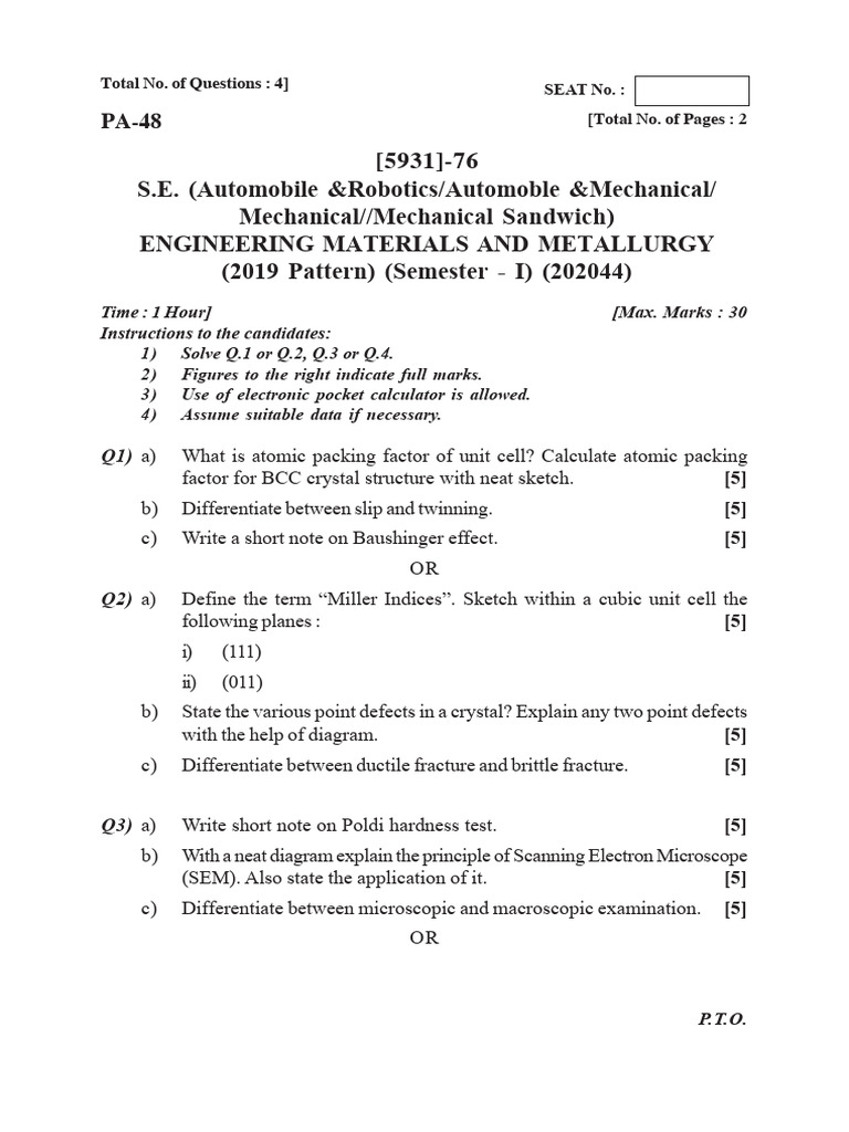 Engineering Materials & Metallurgy Exam | PDF | Crystal Structure | Materials Science