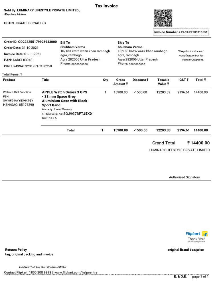 Flipkart Invoice: Apple Watch Order | PDF | Taxes | Government Finances