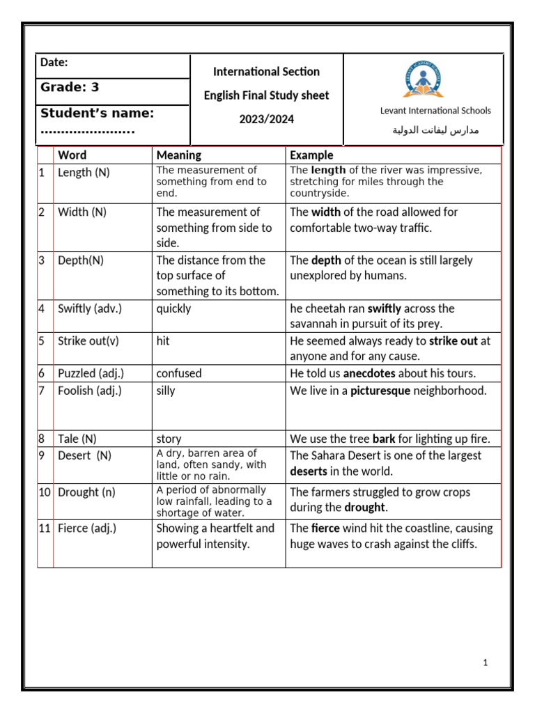 Grade 3 Final Study Sheet | PDF