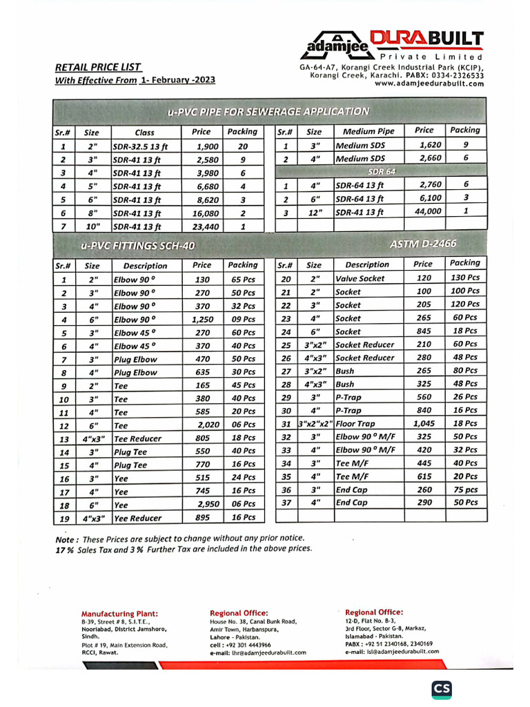 Adamjee Durabuilt Price List 1 February 2023 (SDR Awami Fitting) | PDF