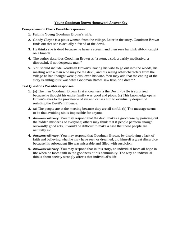 Young Goodman Brown Answer Key | PDF