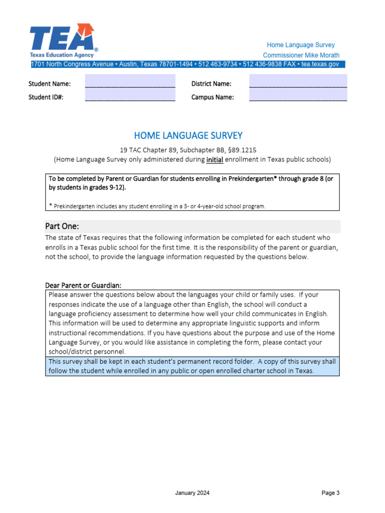Texas Home Language Survey Form | PDF | Sociolinguistics | Career & Growth