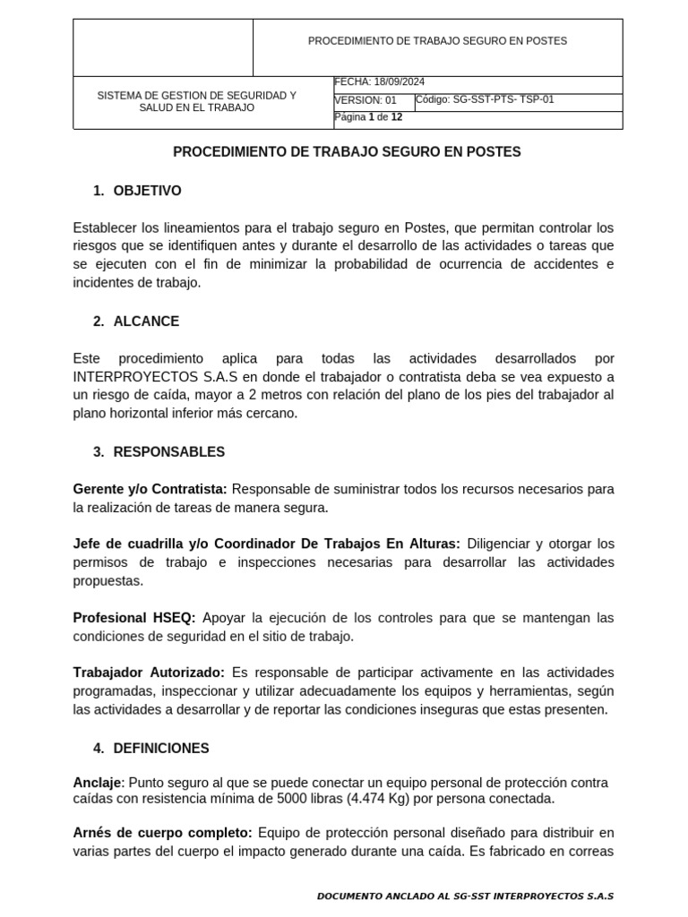 SG-SST-PTS - TSP-01 Procedimiento de Trabajo Seguro en Postes | PDF