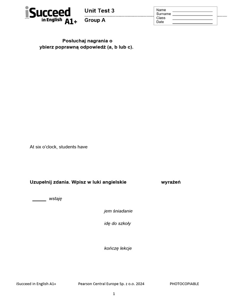 Isucceed - A1P - Unit 3 - Unit Test - Group A | PDF