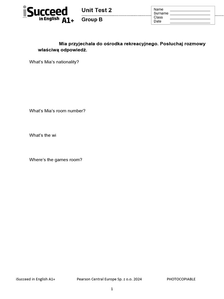 Isucceed - A1P - Unit 2 - Unit Test - Group B | PDF