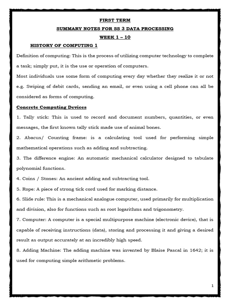 SS3 First Term Data Processing Summary Notes | PDF