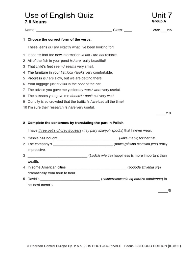 Focus3 2E UoE Quiz Unit7 GroupA | PDF