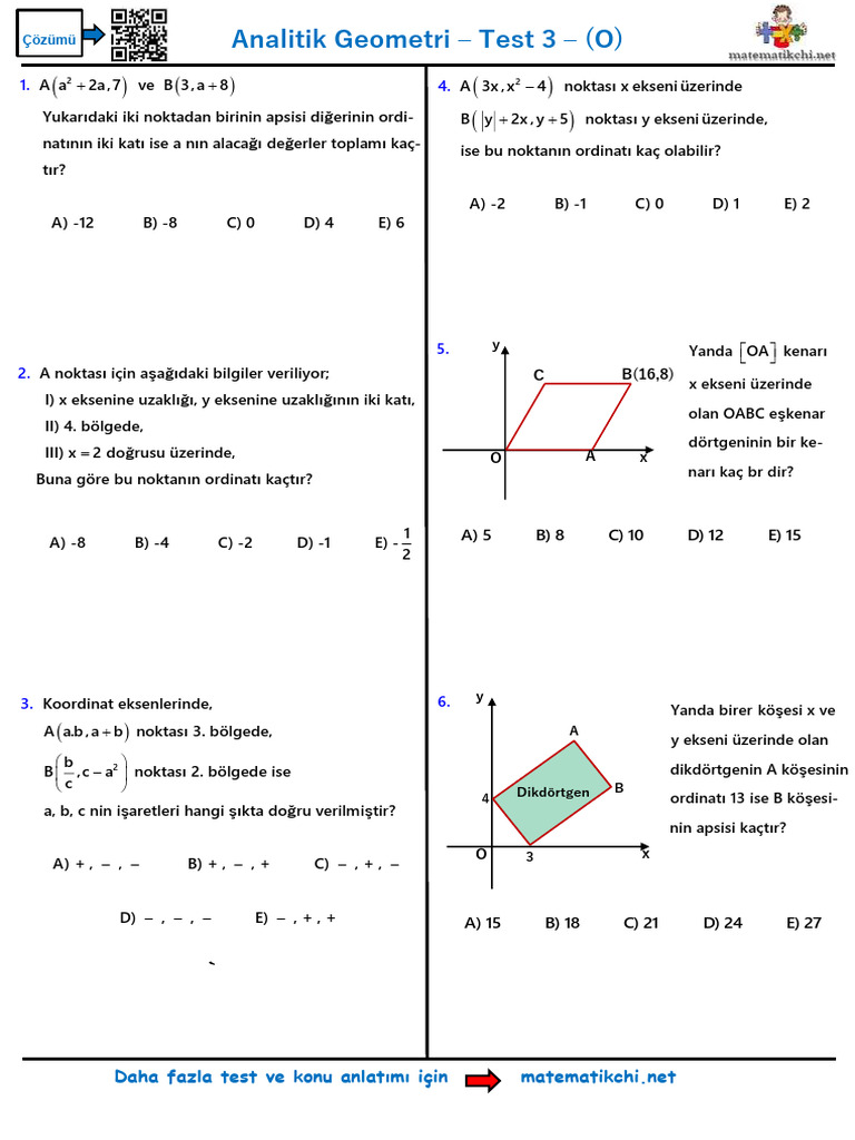 Analitik Geometri Test 3 Orta Seviye | PDF