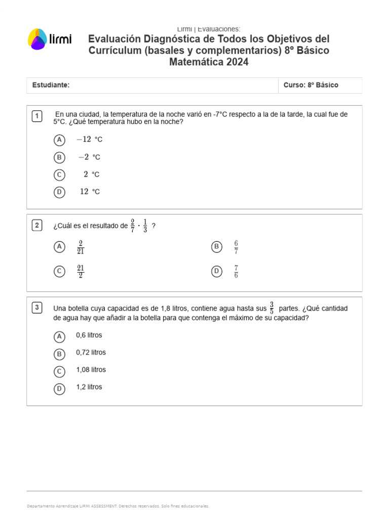 Evaluacion Diagnostica de Todos Los Objetivos Del Curriculum Basales y Complementarios 8o Basico ...
