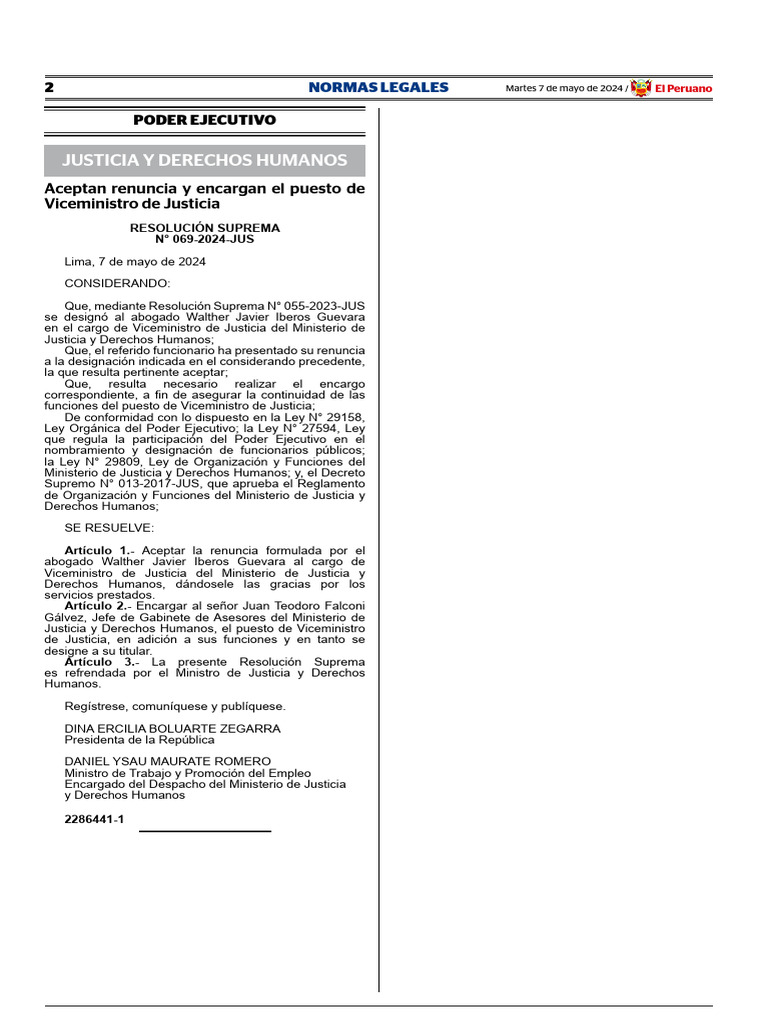 RS 069 2024 JUS Renuncia y Encargan Viceministerio de Justicia NL 2024 ...