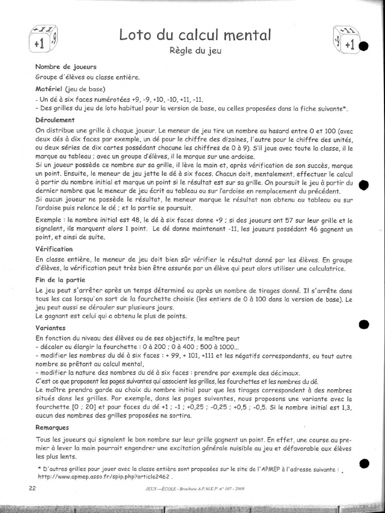 Jeux Maths Loto Du Calcul Mental | PDF
