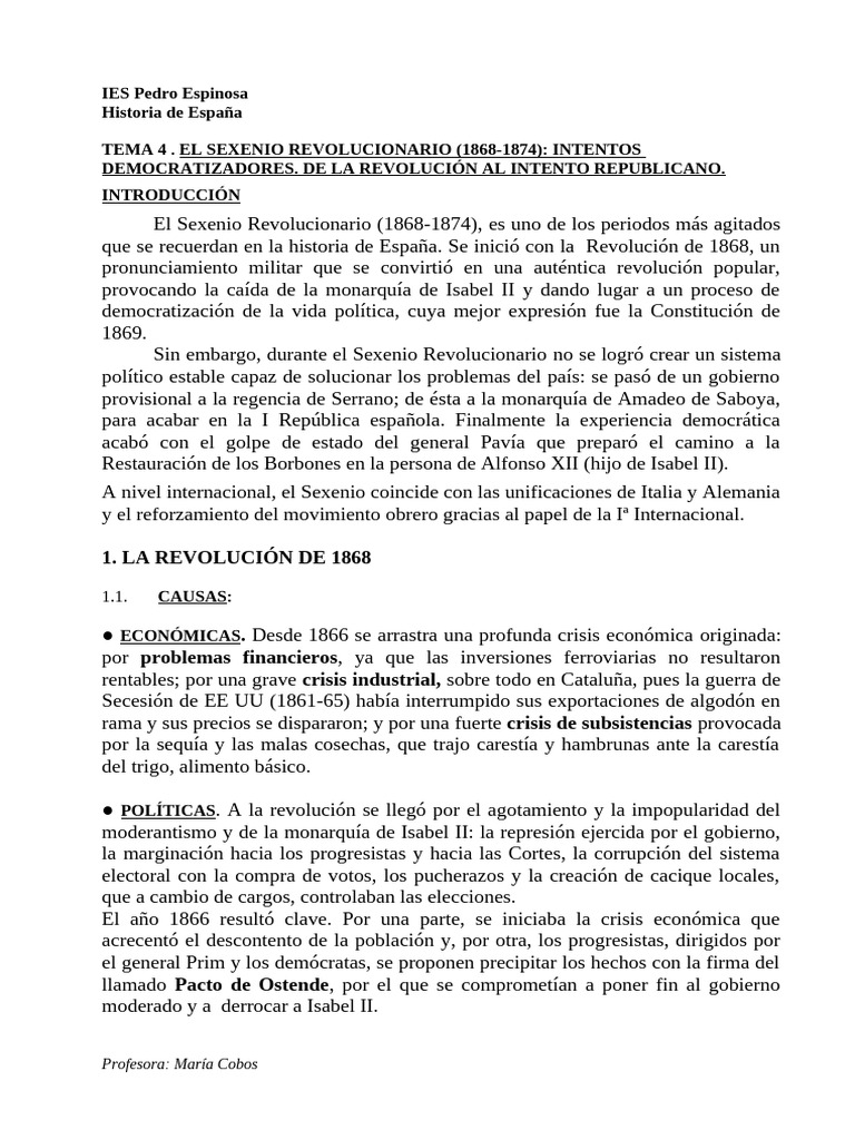 Tema 5 Sexenio Revolucionario María | PDF