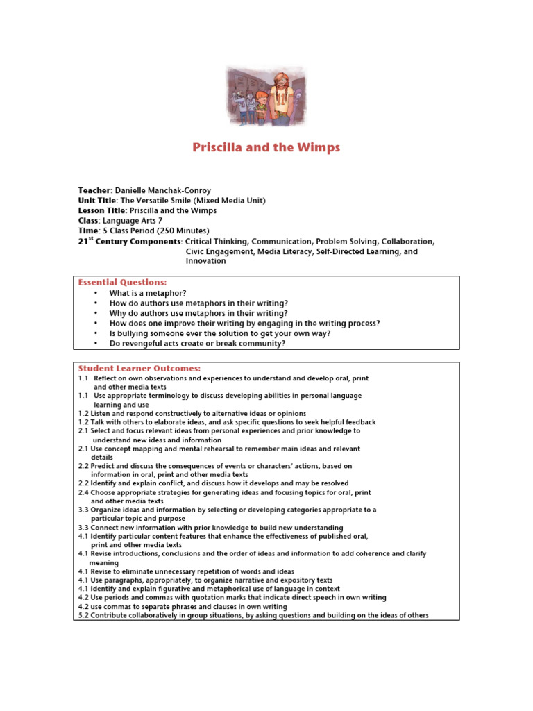 Priscilla and The Wimps Lesson Plan | PDF