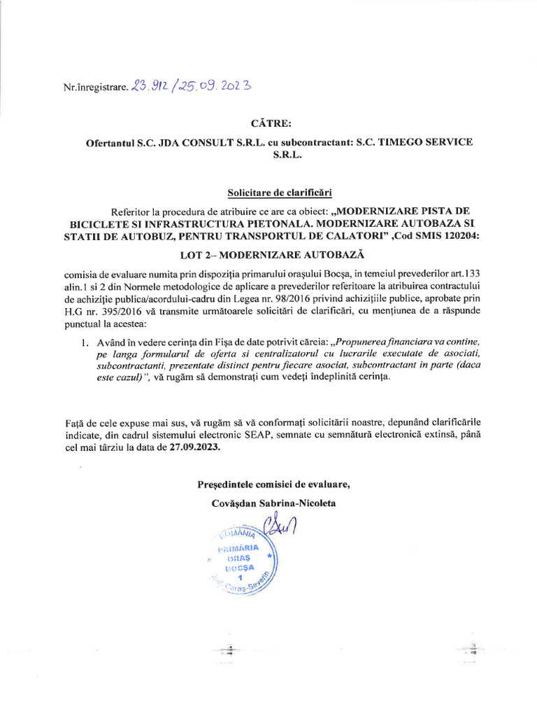 Solicitare de Clarificari Nr. 23912 Din 25.09.2023-Semnat | PDF