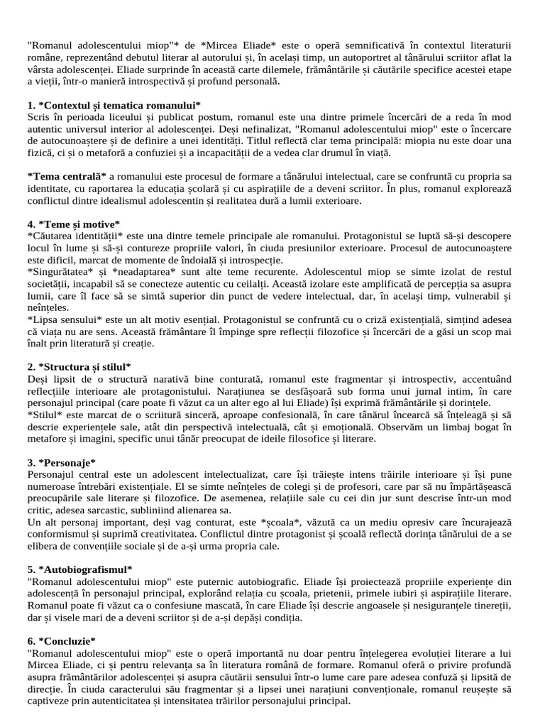 Romanul Adolescentului Miop | PDF