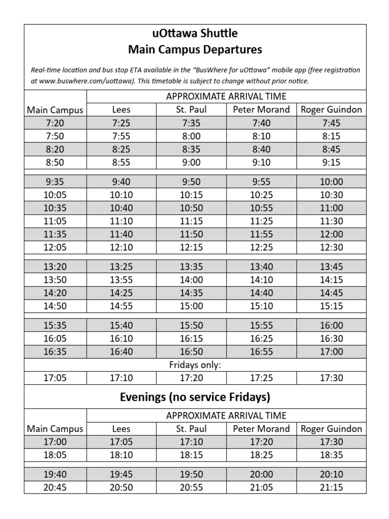 Printable - Main Campus Shuttle Schedule - Sept 2023 | PDF