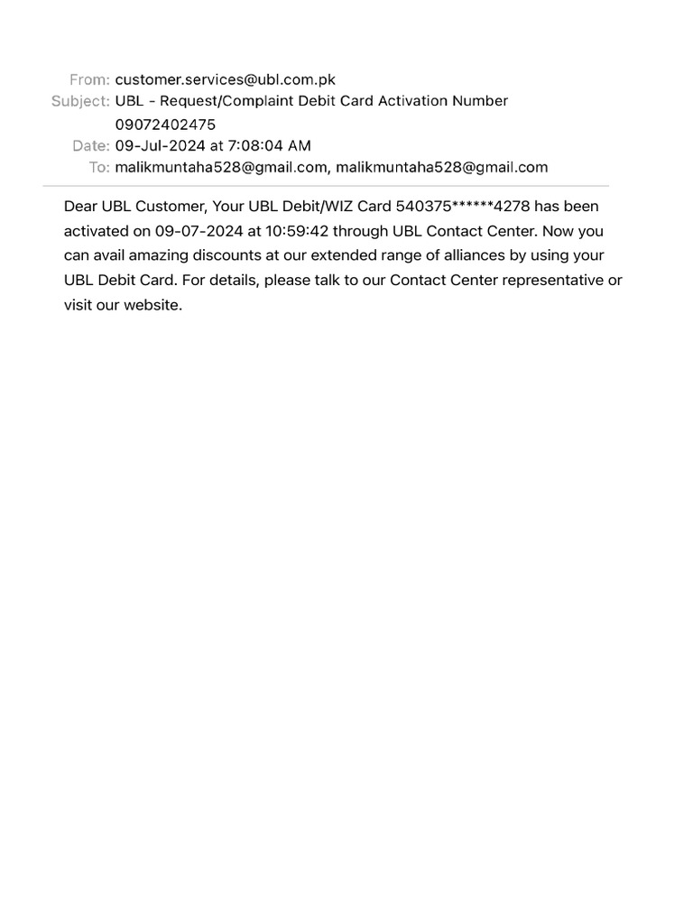UBL - RequestComplaint Debit Card Activation Number 09072402475 | PDF