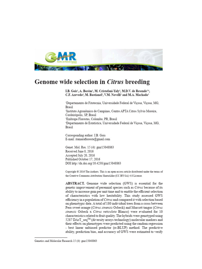 Genome Wide Selection in Citrus Breeding | PDF