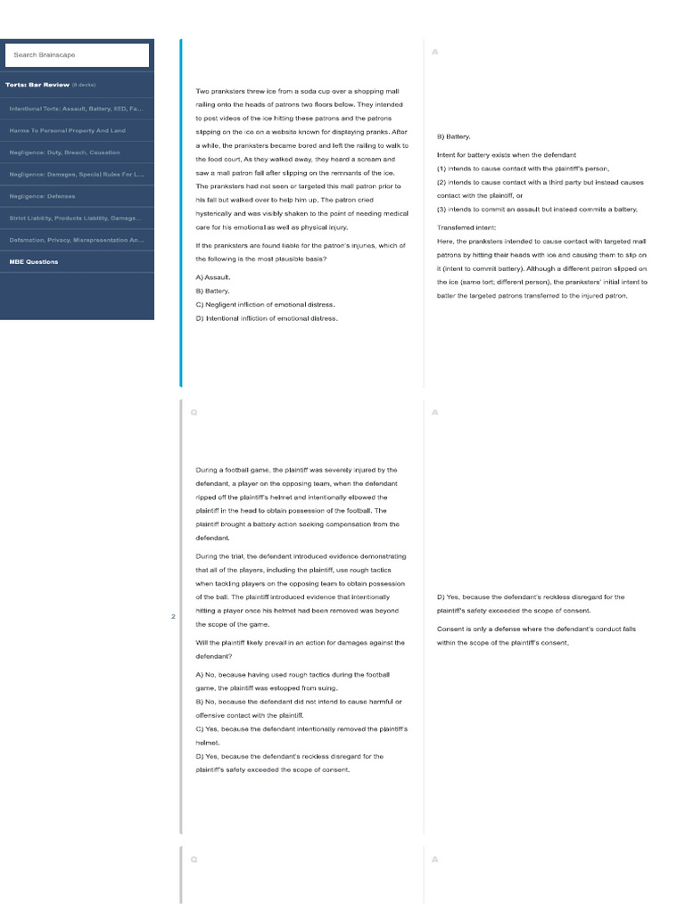 Torts Questions Brainscape | PDF
