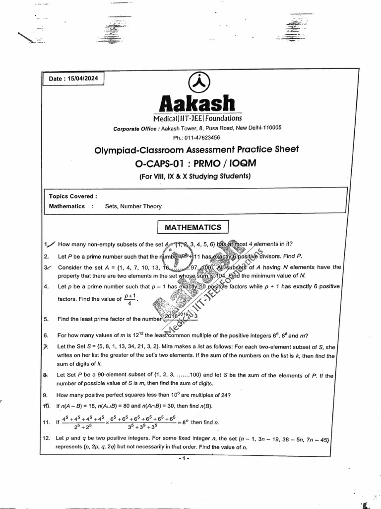 Aakash Ioqm Ocap 01 | PDF | Numbers | Prime Number