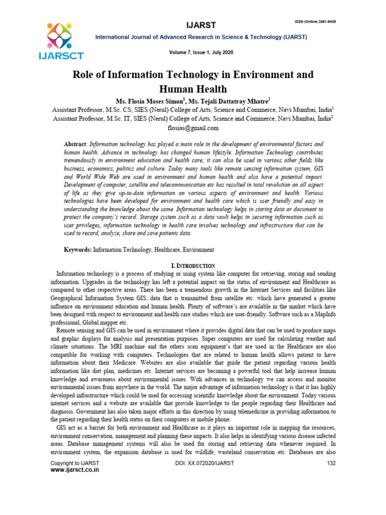 Role of Information Technology in Environment and Human Health | PDF