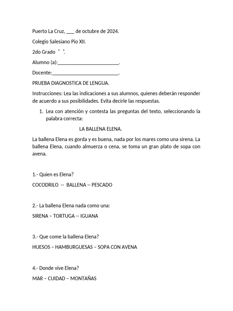 Prueba Diagnostica de 2do Grado. | PDF