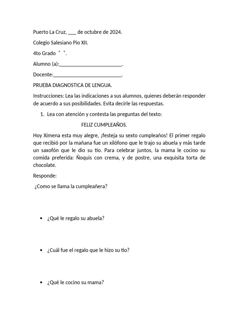 Prueba Diagnostica de 4to Grado. | PDF Prueba Diagnostica de 4to Grado. | PDF