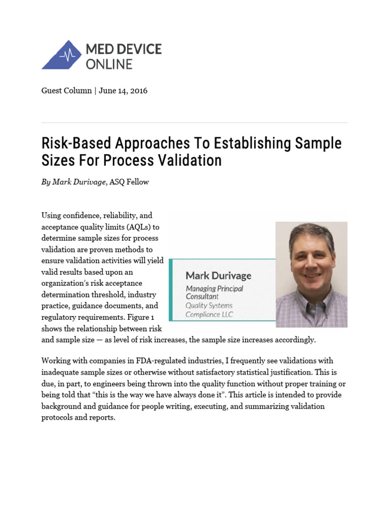Risk Based Approaches To Establishing Sample Sizes For Process