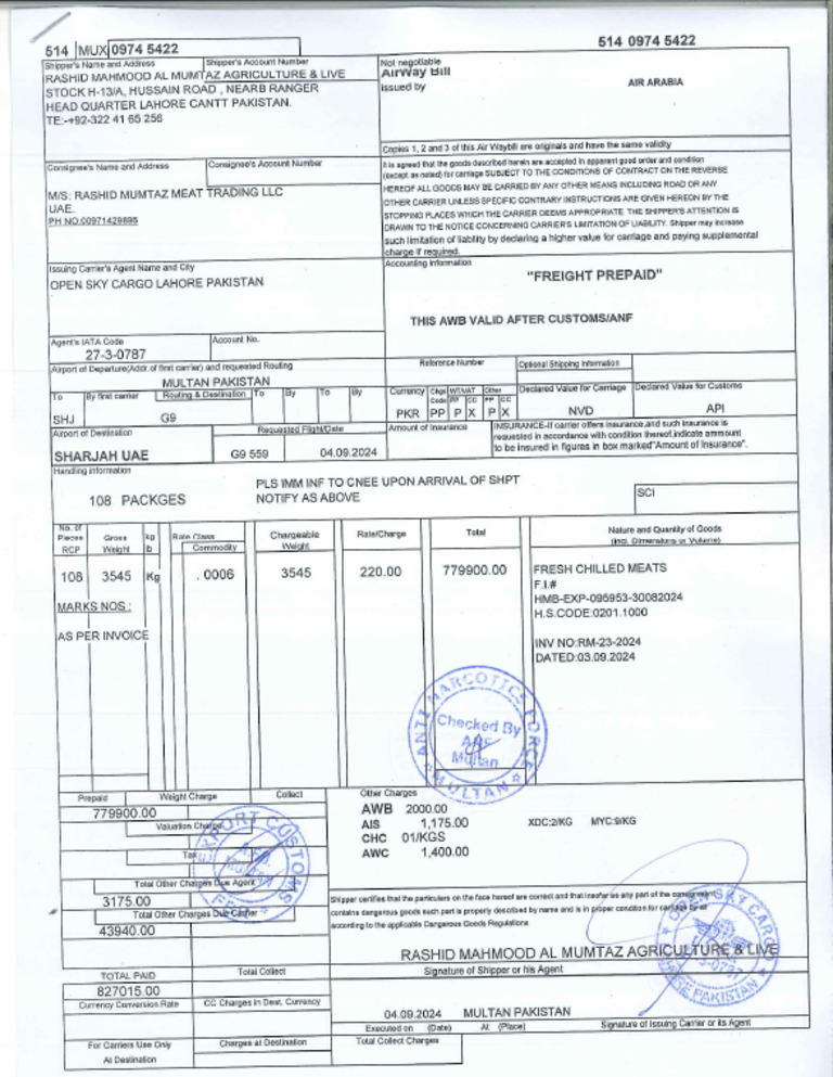 Mawb G9 5422, P2 04-Sep-2024 | PDF