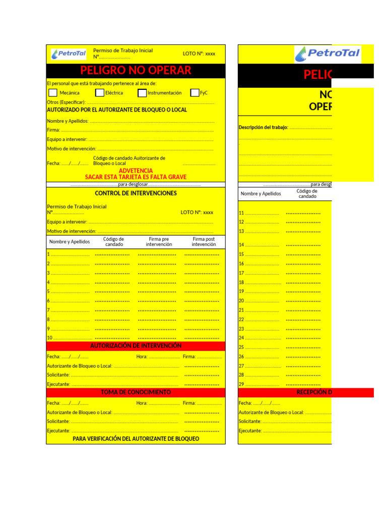 Tarjeta Amarilla de Peligro No Operar | PDF