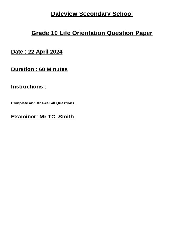 Life Orientation Question 1 | PDF