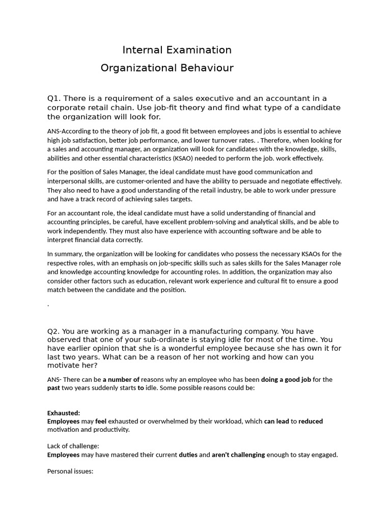 Internal Examination Organizational Behaviour 22UG101034 | PDF ...