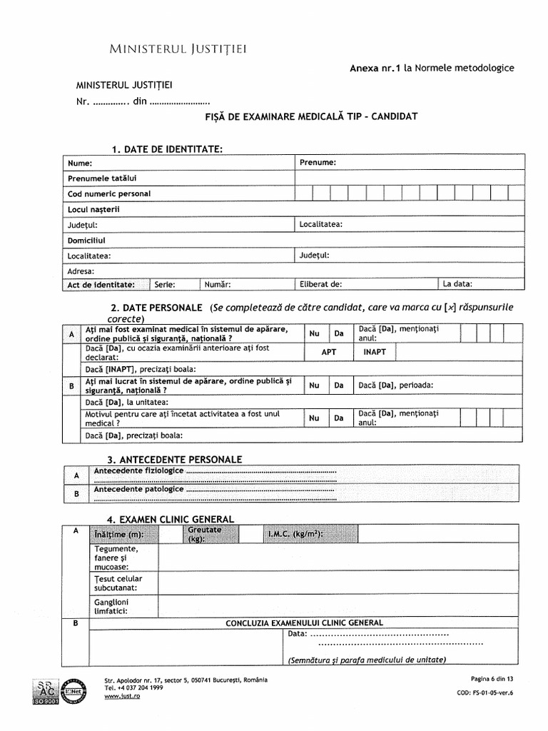 Anexa 6 FISA de Examinare Medicală Tip | PDF