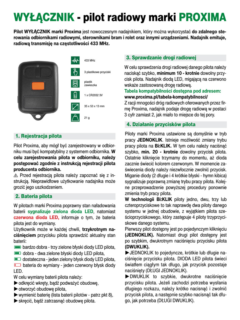 Instrukcja Pilot WYLACZNIK 433 MHZ | PDF