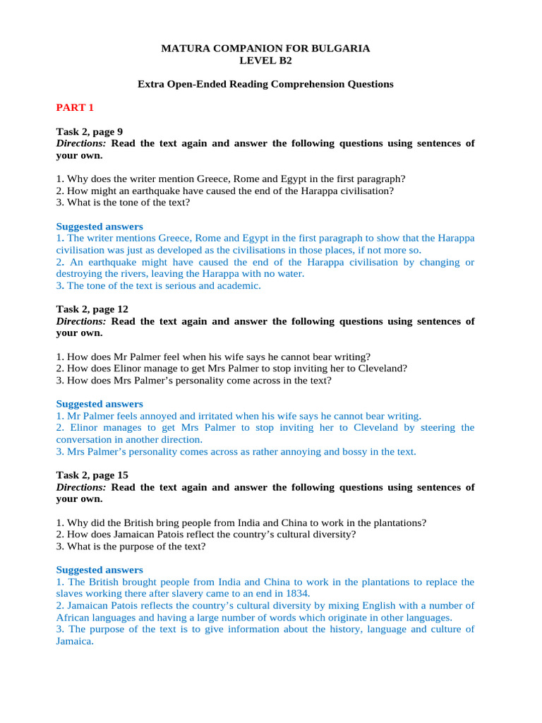 Matura Companion For Bulgaria Extra Reading Comprehension Questions | PDF