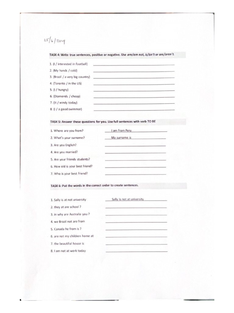 TASK 4 Write True Sentences, Positive or Negative. Use Amam Not, Isisn't or Arearen't. | PDF