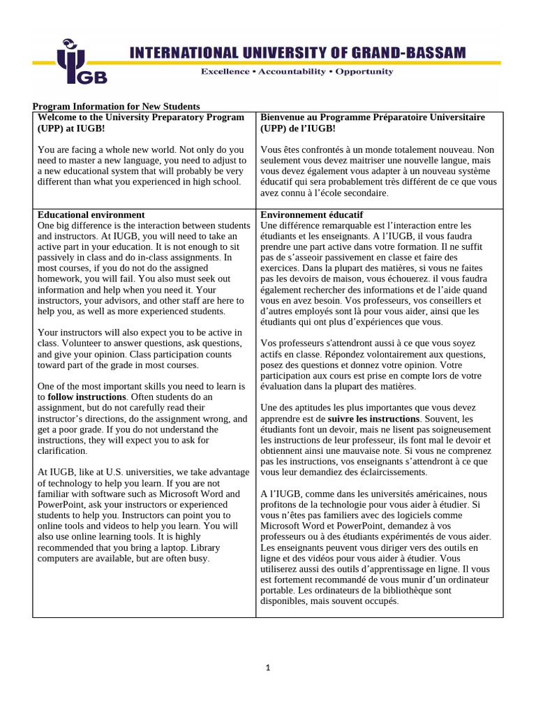 Program Information For New Students Bilingual | PDF