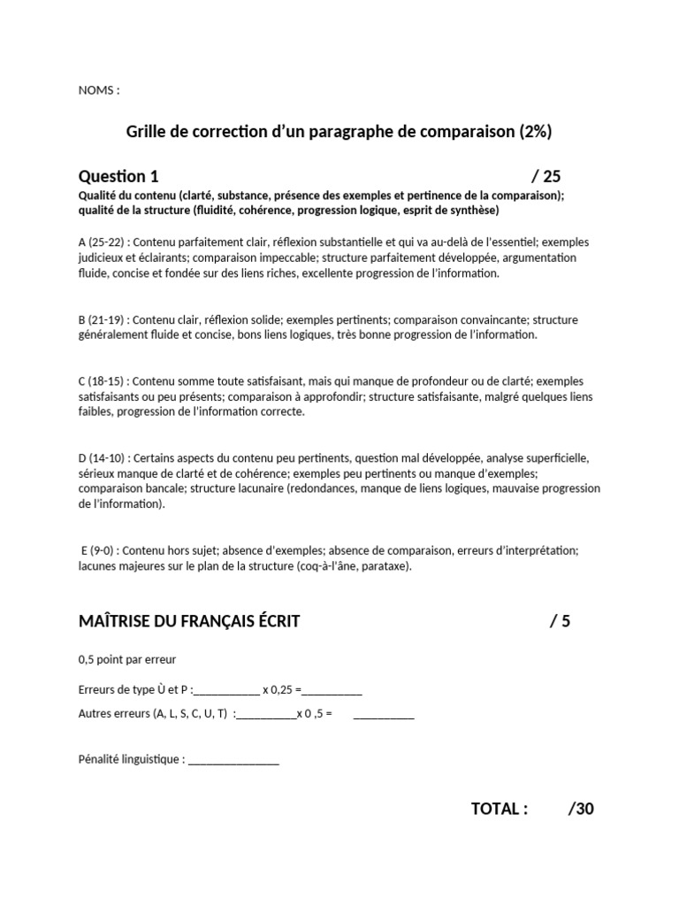 Grille Exercice Paragraphe de Comparaison | PDF