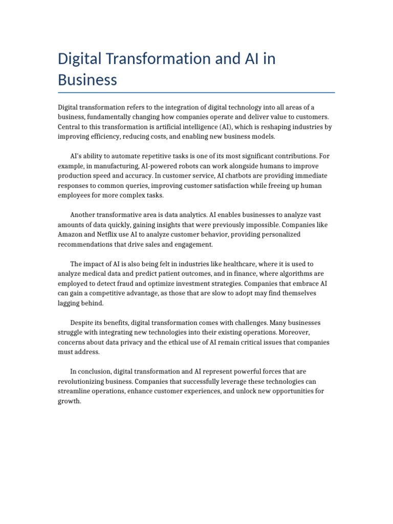 Digital Transformation and AI in Business | PDF